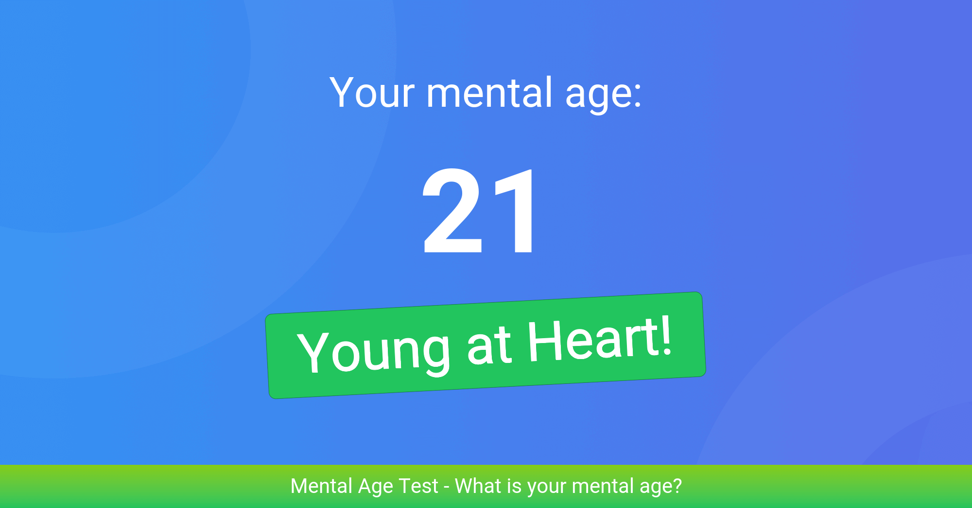 My mental age: 21 - Young at Heart! What is your mental age?