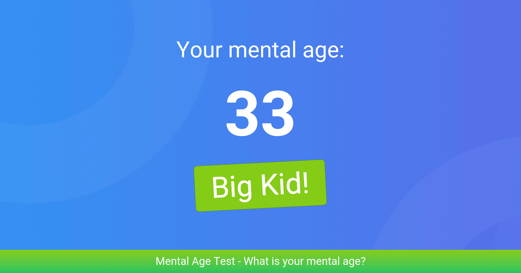 My mental age: 33 - Big Kid! What is your mental age?
