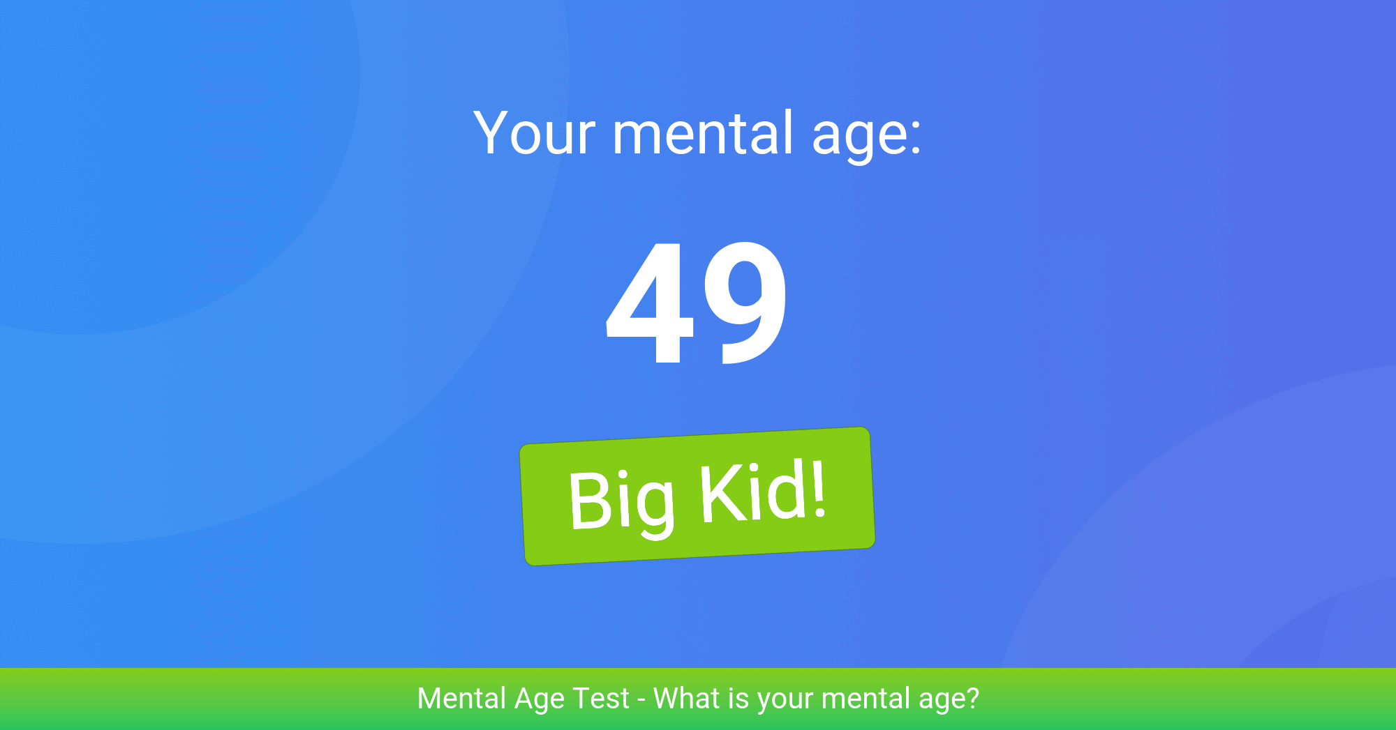My mental age: 49 - Big Kid! What is your mental age?